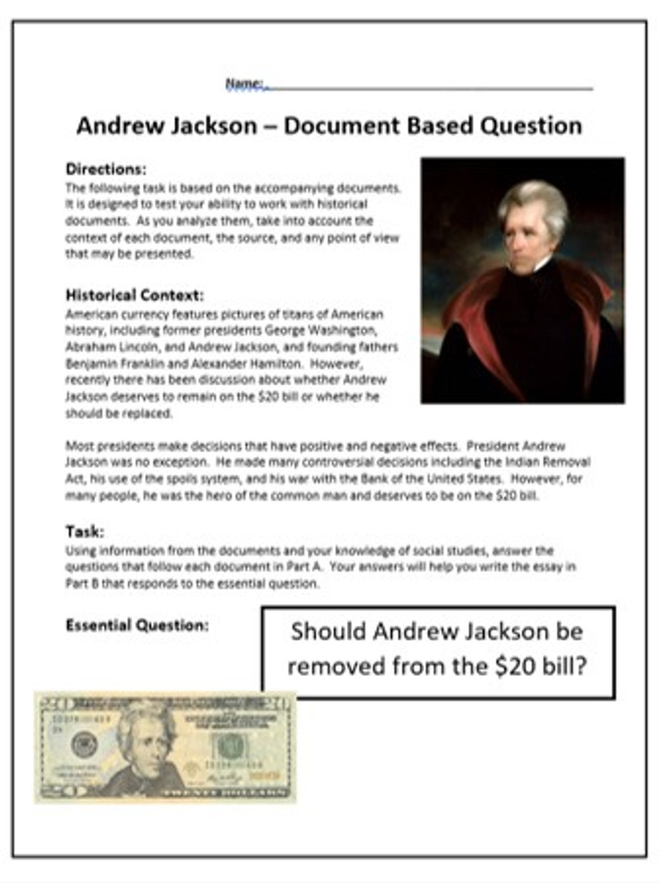 Andrew Jackson $20 Bill Bundle - Webquest, Debate, DBQ - Amped Up Learning