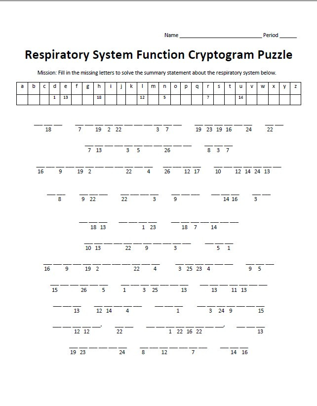 Respiratory System Function Cryptogram Puzzle - Amped Up Learning
