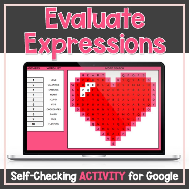 Evaluate Expressions for Given Values Valentine's Self-Checking Digital ...