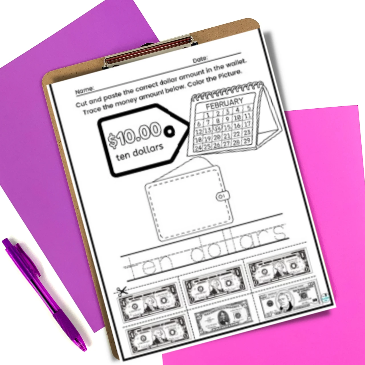 Valentine's Day Identify and Count Money Math Life Skill Worksheets