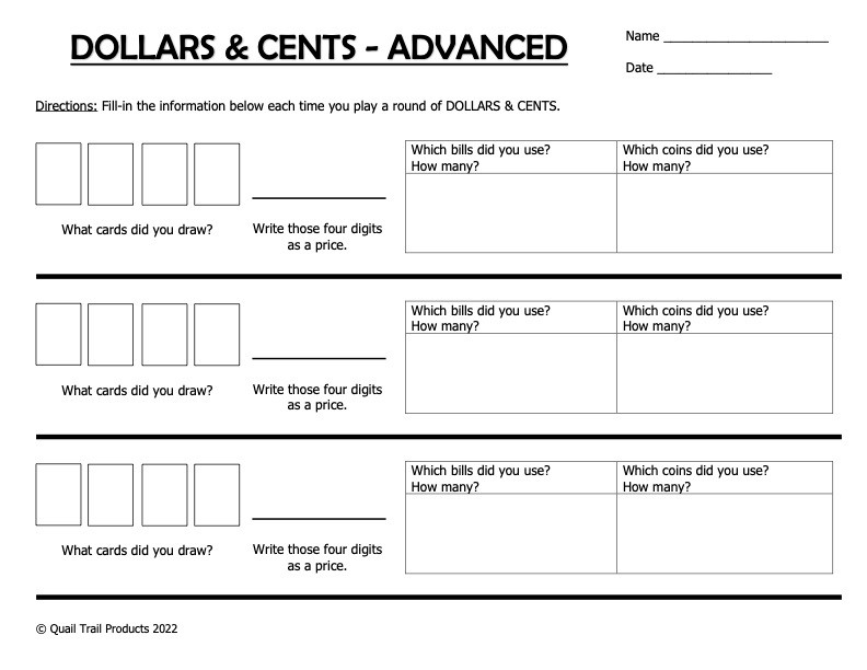 Dollars and Cents Math Card Game