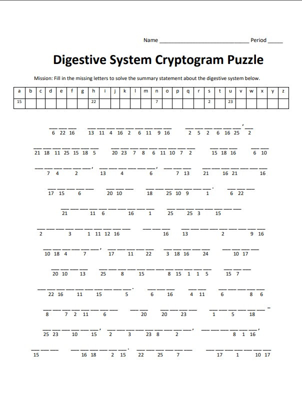Digestive System Cryptogram Puzzle - Amped Up Learning