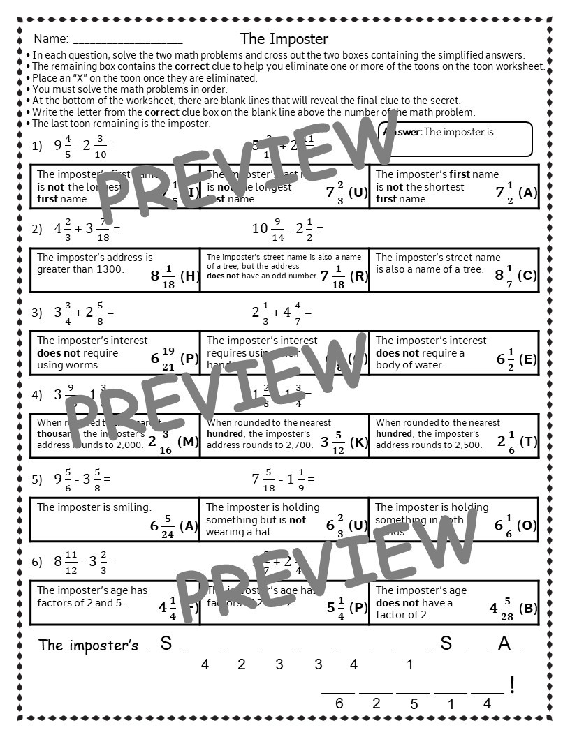 Addition and Subtraction of Fractions and Mixed Numbers with Unlike ...