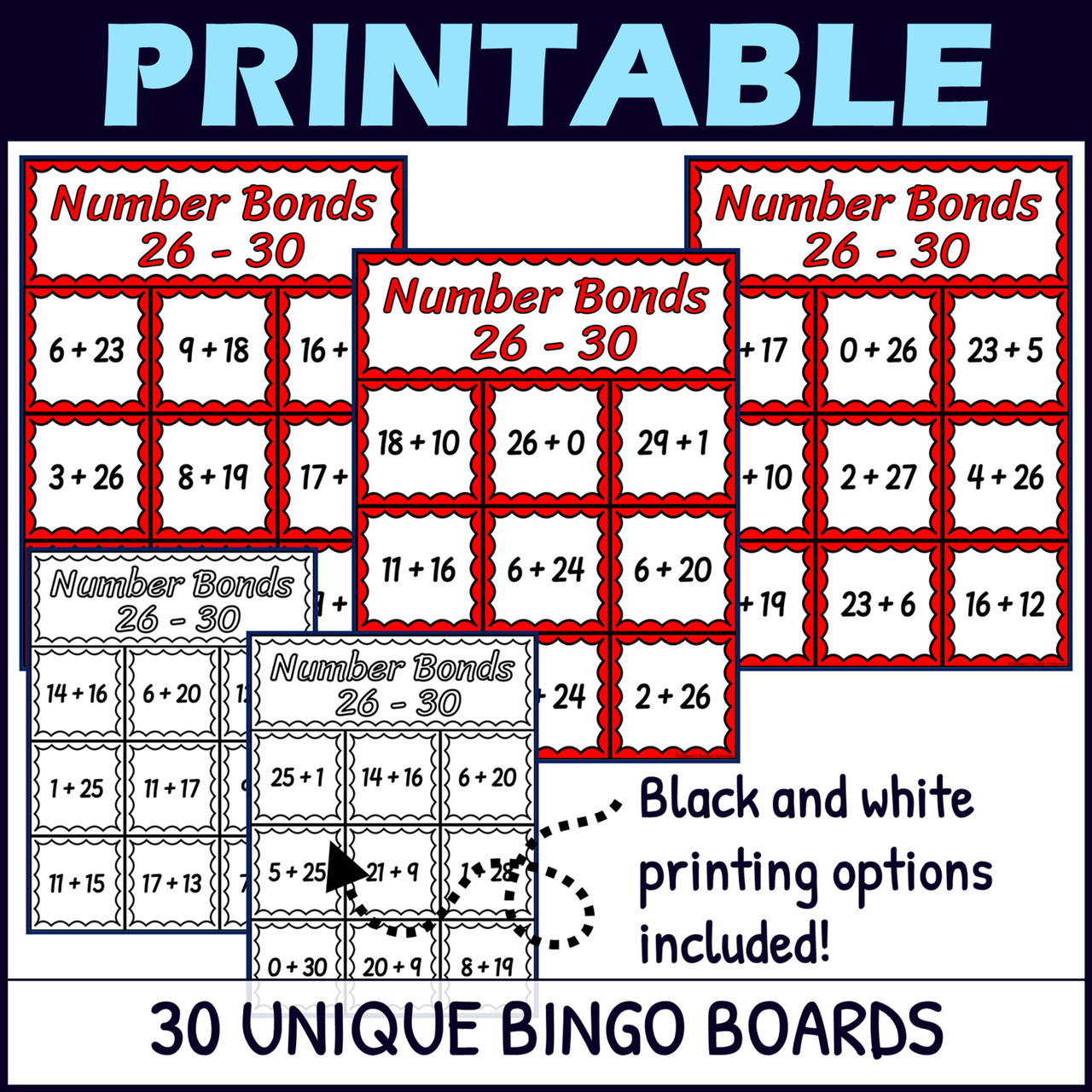 Number Bonds to 30 Activity - Bingo Game - Print and Digital - 26-30