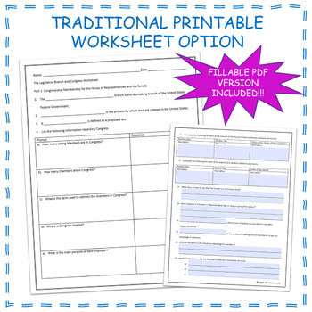 Legislative Branch & Congress American Government Printable Worksheet ...