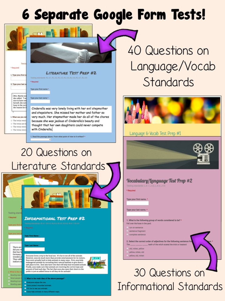 4th Grade STATE TEST Prep Language Arts CHALLENGE (using Google Forms ...