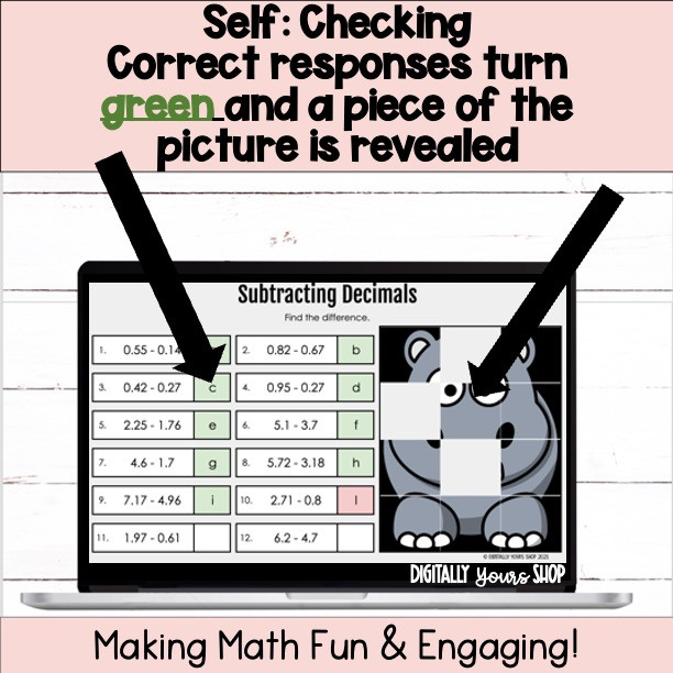 Subtract Decimals Digital Self-Checking Activity - Amped Up Learning
