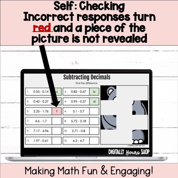 Subtract Decimals Digital Self-Checking Activity - Amped Up Learning