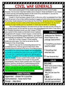 Civil War Leaders Reading Passages, Questions and Text Marking + Word ...
