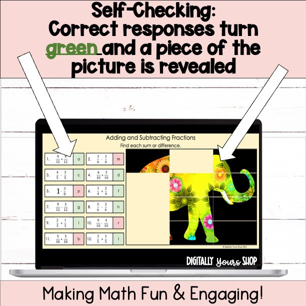 Add and Subtract Fractions with Like Denominators Self-Checking Digital ...