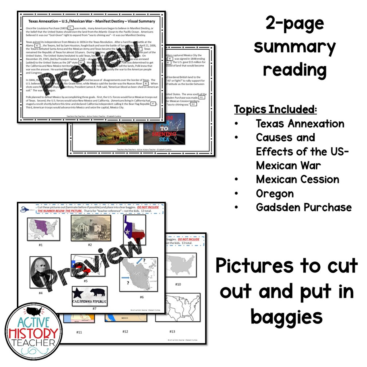Manifest Destiny US Mexican War Visual Summary Picture Sort (baggies ...