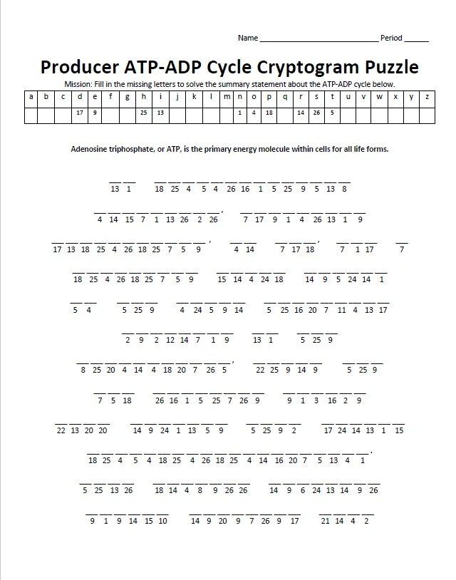 Producer ATP-ADP Cycle Cryptogram Puzzle - Amped Up Learning