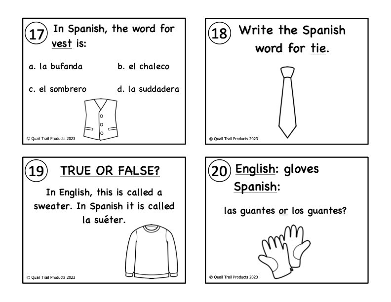 Spanish Task Cards and Flashcards - Clothing and Shoes