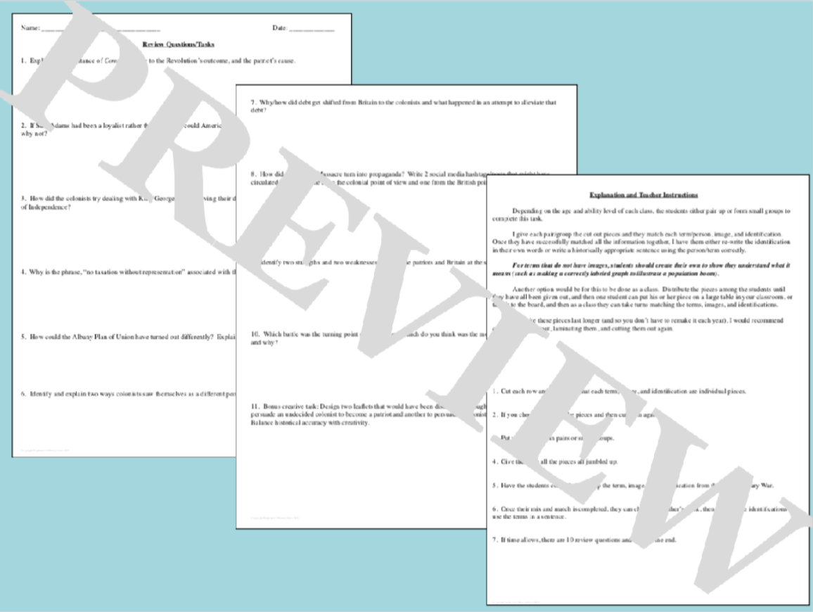 Revolutionary War Vocabulary Mix and Match Review