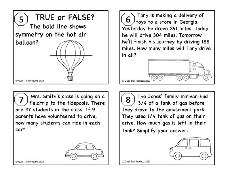 Grade 4 Transportation Math Task Cards