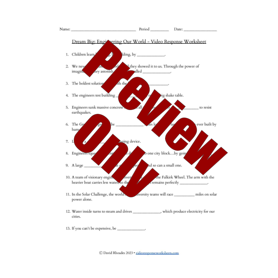 Dream Big: Engineering Our World - Video Response Worksheet and Key ...