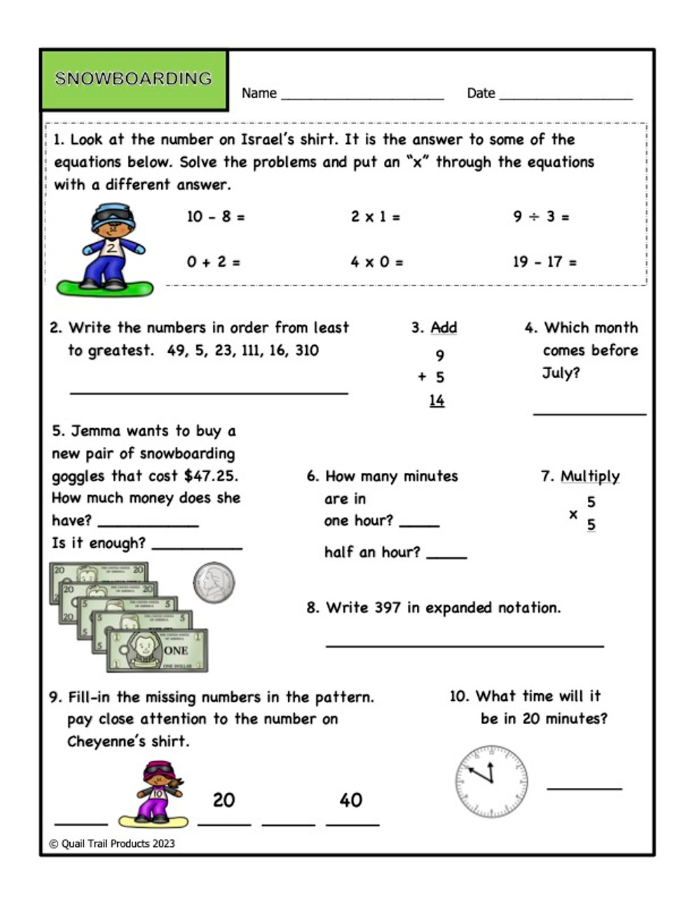 Grade 3 Math Worksheets - Sports Theme