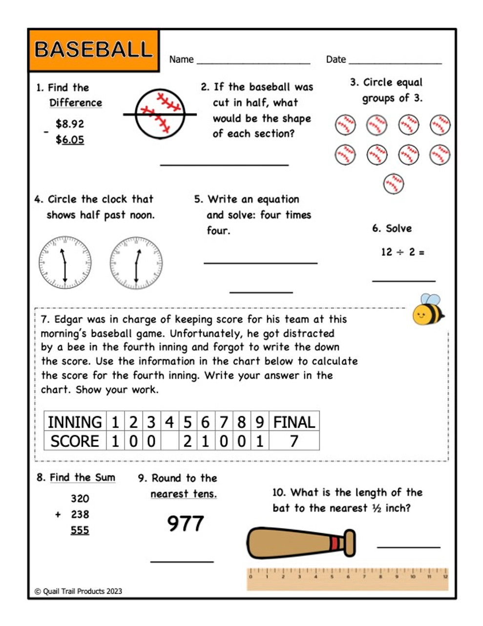Grade 3 Math Worksheets - Sports Theme