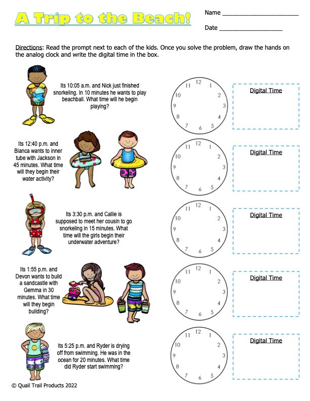 Elapsed Time Worksheets - Time for the Beach