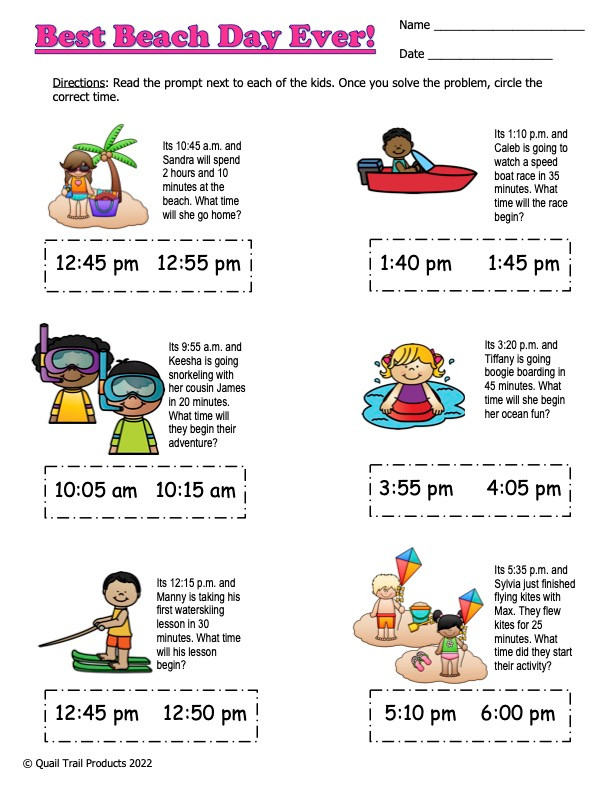 Elapsed Time Worksheets - Time for the Beach