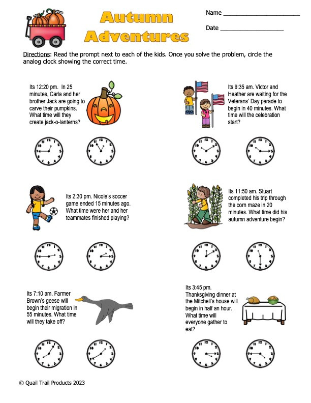 Elapsed Time Worksheets - Autumn Theme