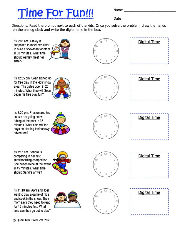 Elapsed Time Worksheets - Winter Theme