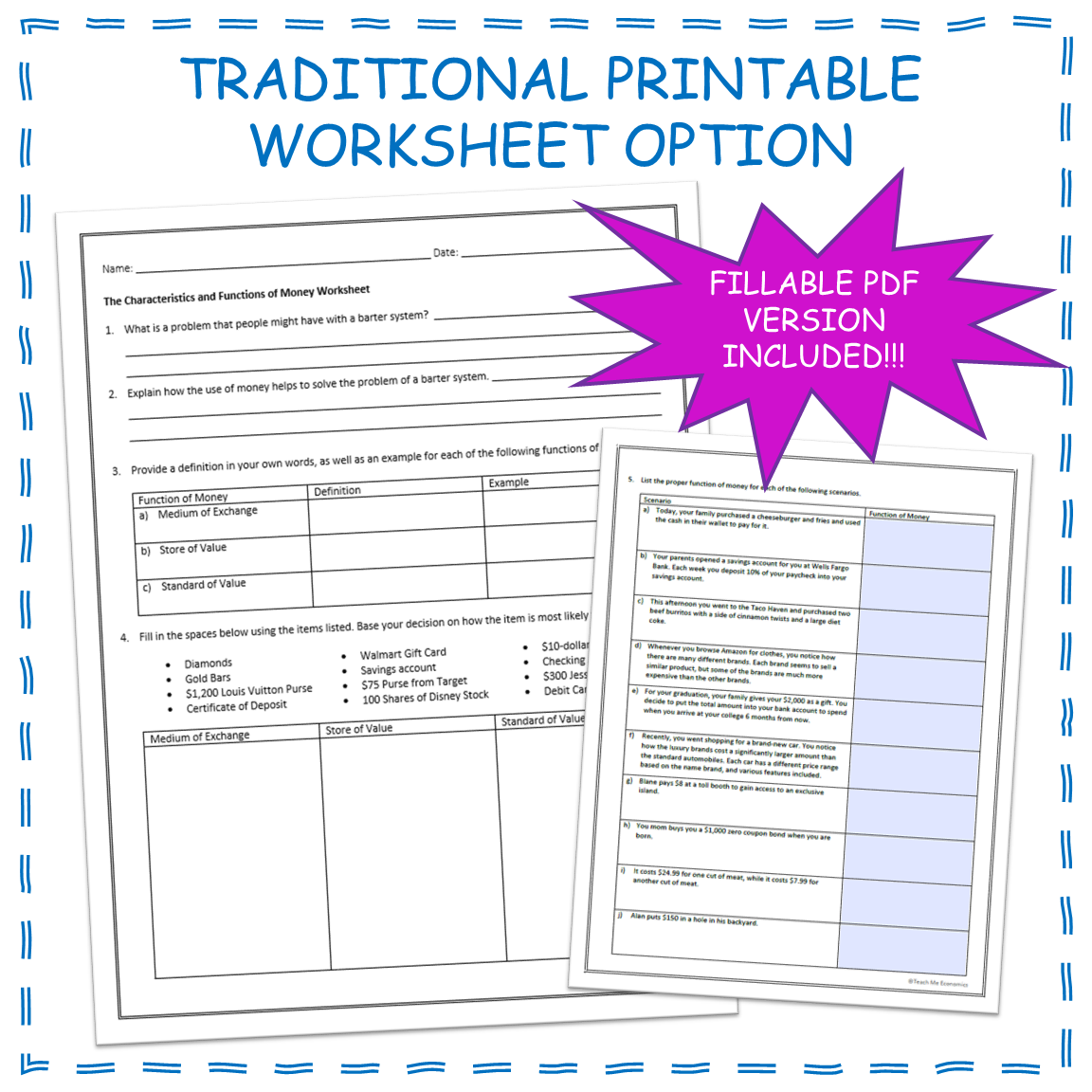 Functions & Characteristics of Money Economic Worksheet Google Slides ...