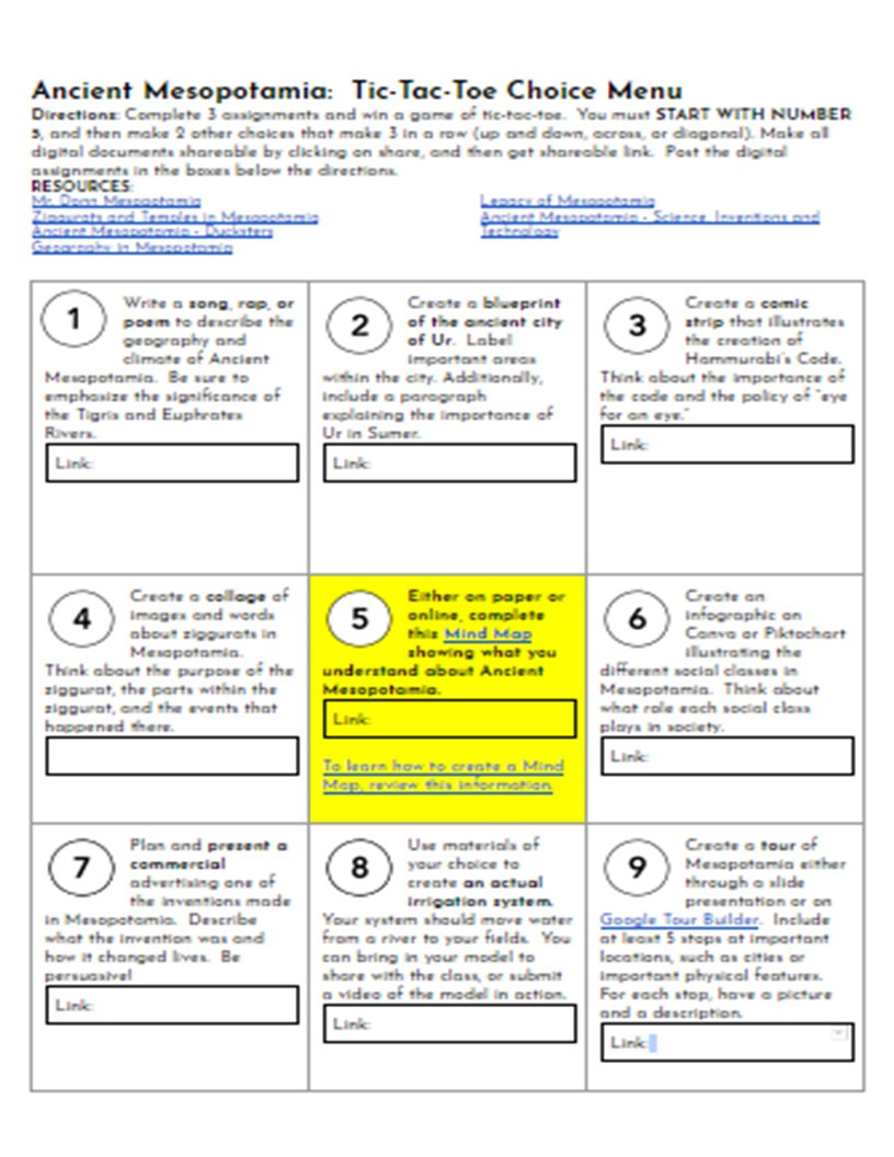 Choice Board: Mesopotamia Tic Tac Toe Menu - Amped Up Learning