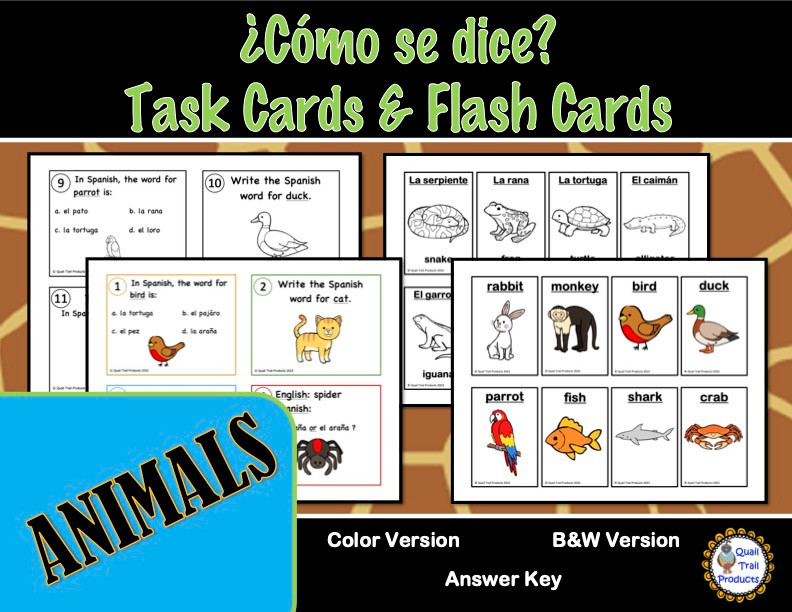 Spanish Flash Cards and Task Cards - Animals