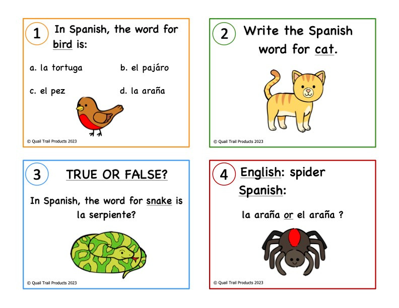 Spanish Flash Cards and Task Cards - Animals