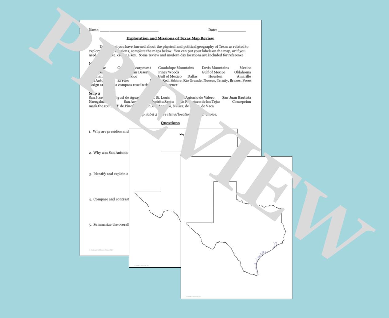 Exploration of Texas and Missions Map Activity