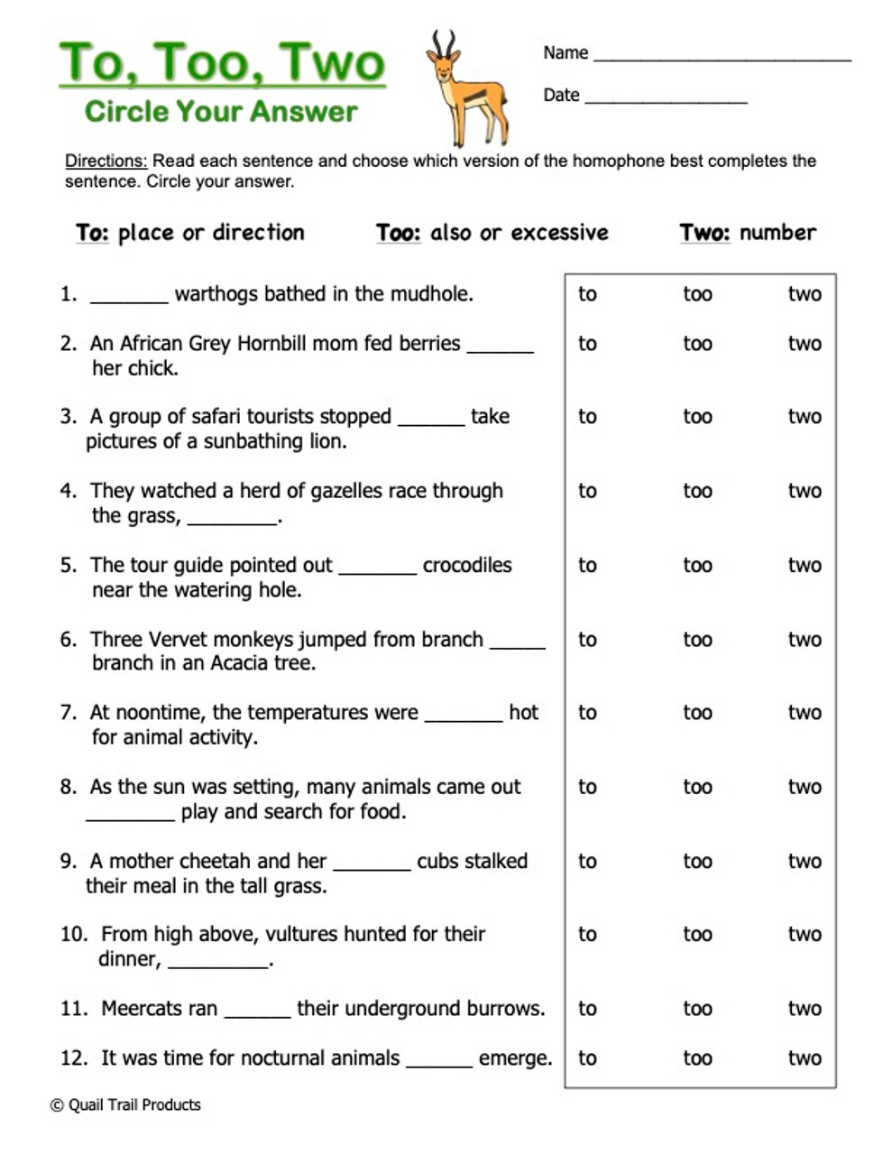 Homophones to, too, & two Safari worksheets