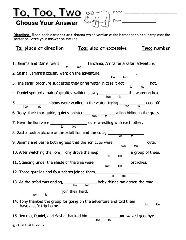 Homophones to, too, & two Safari worksheets