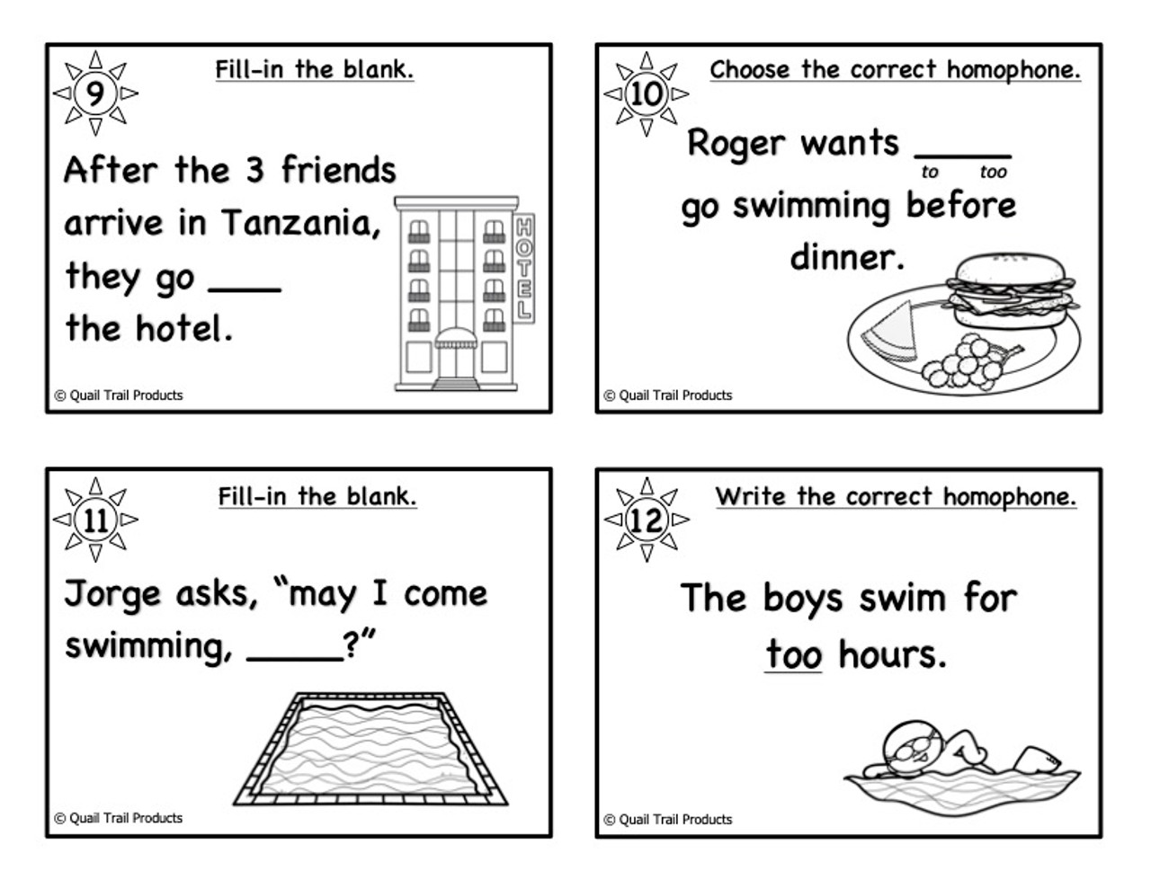 Homophone Task Cards To, Too, & Two Safari