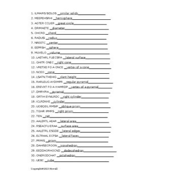 Surface Area and the Volume of Solids in Geometry Vocabulary Word ...