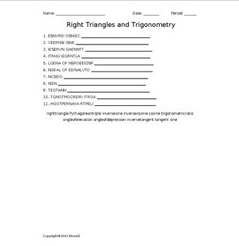 Right Triangles and Trigonometry in Geometry Vocabulary Word Scramble ...