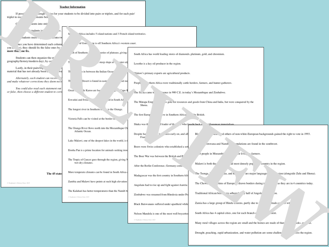 Southern Africa's Geography True False Fix
