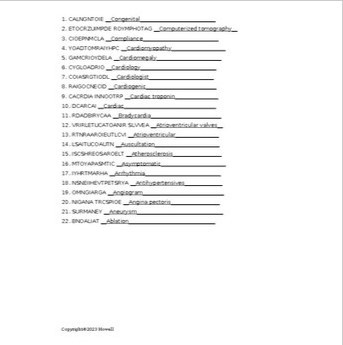 Cardiovascular System Vocabulary I Word Scramble for Medical ...