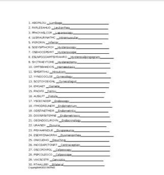 Female Reproductive System I Word Scramble for a Medical Terminology ...