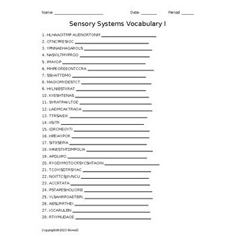 Sensory Systems Vocabulary I Word Scramble for Medical Terminology ...