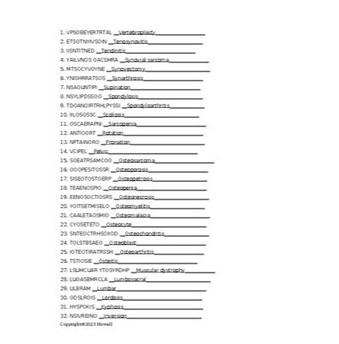 Skeletal System Vocabulary II Word Scramble for Medical Terminology