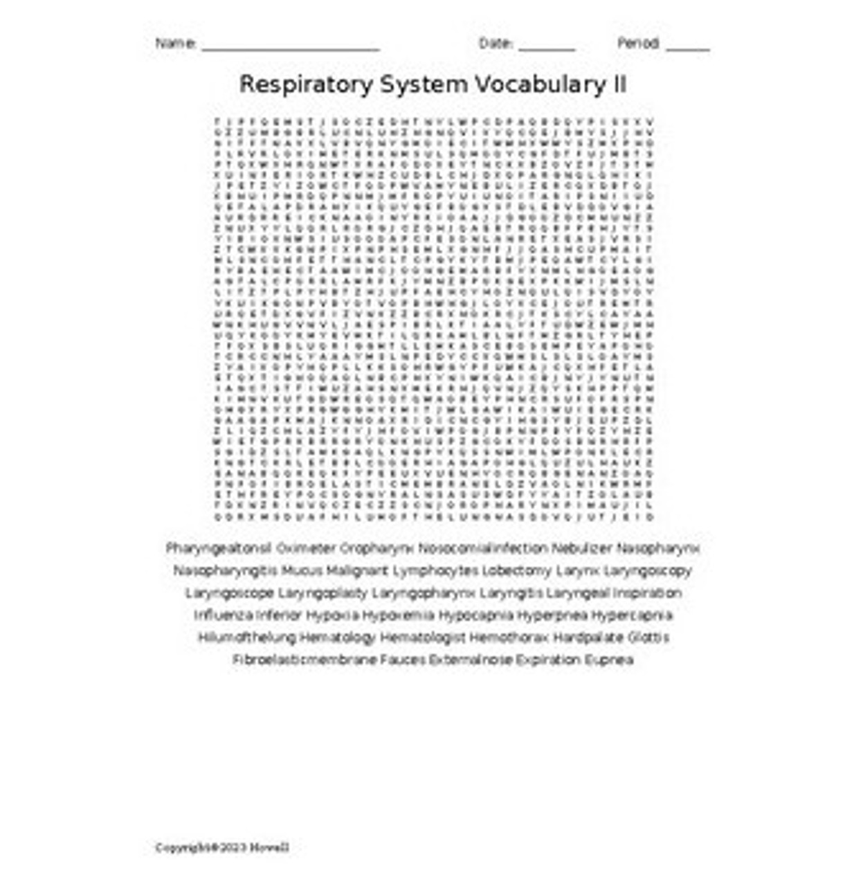 Respiratory System II Word Search for a Medical Terminology Course ...