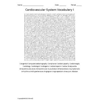 Cardiovascular System Vocabulary Word Search for Medical Terminology ...