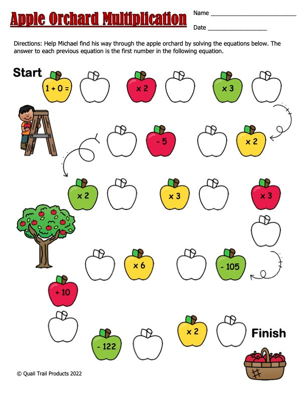 Multi-Digit Multiplication Worksheets-Apple Theme