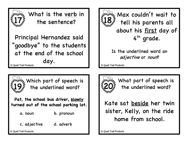 Parts of Speech Task Cards - school theme