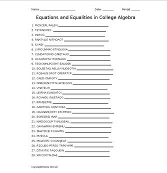 Equations and Equalities in College Algebra Vocabulary Word Scramble ...