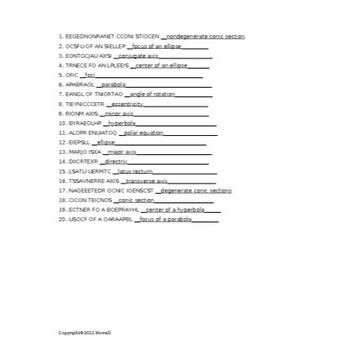 Analytic Geometry in College Algebra Vocabulary Word Scramble - Amped ...