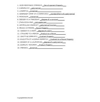 Polynomials and Polynomial Functions in Intermediate Algebra Word ...