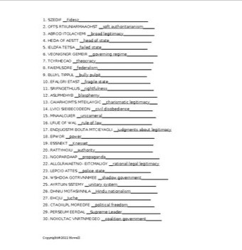 Governing Regimes in Political Science Vocabulary Word Scramble - Amped ...