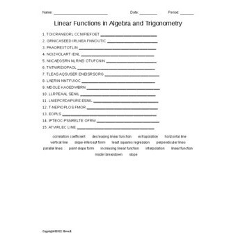 Linear Functions in Algebra and Trigonometry Vocabulary Word Scramble ...